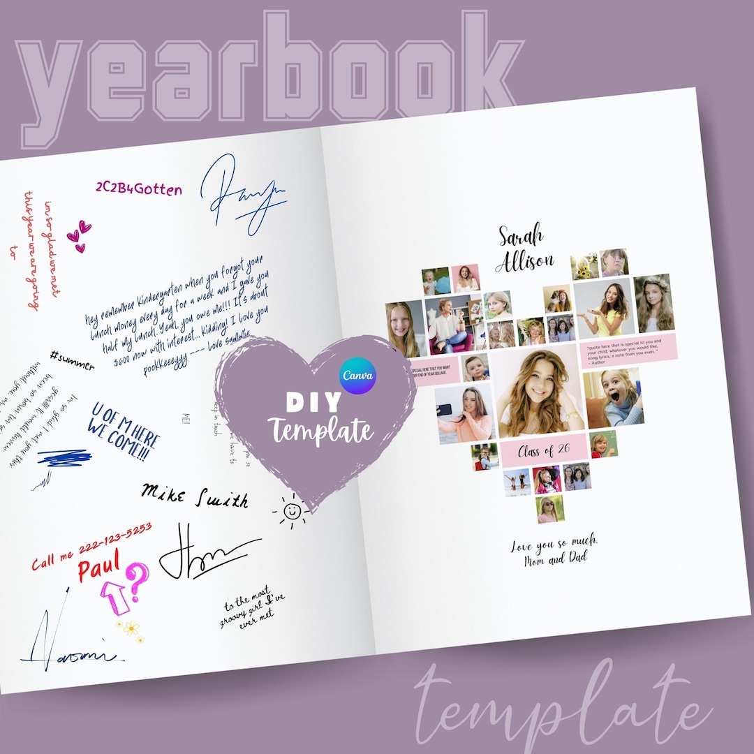 Minimalist Pink Heart Photo Collage Yearbook Template Full Page School ...