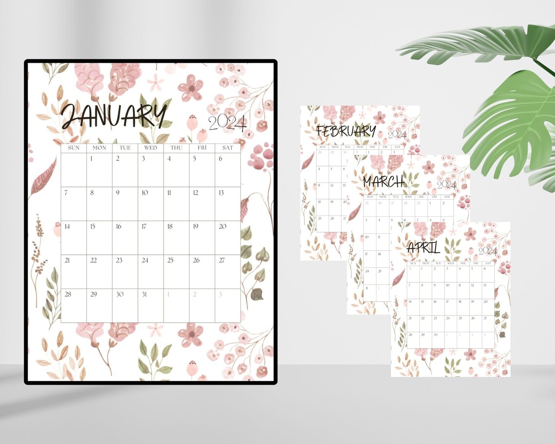 Watercolor Floral Minimalist 2024 Calendar, Printable Monthly Calendar ...