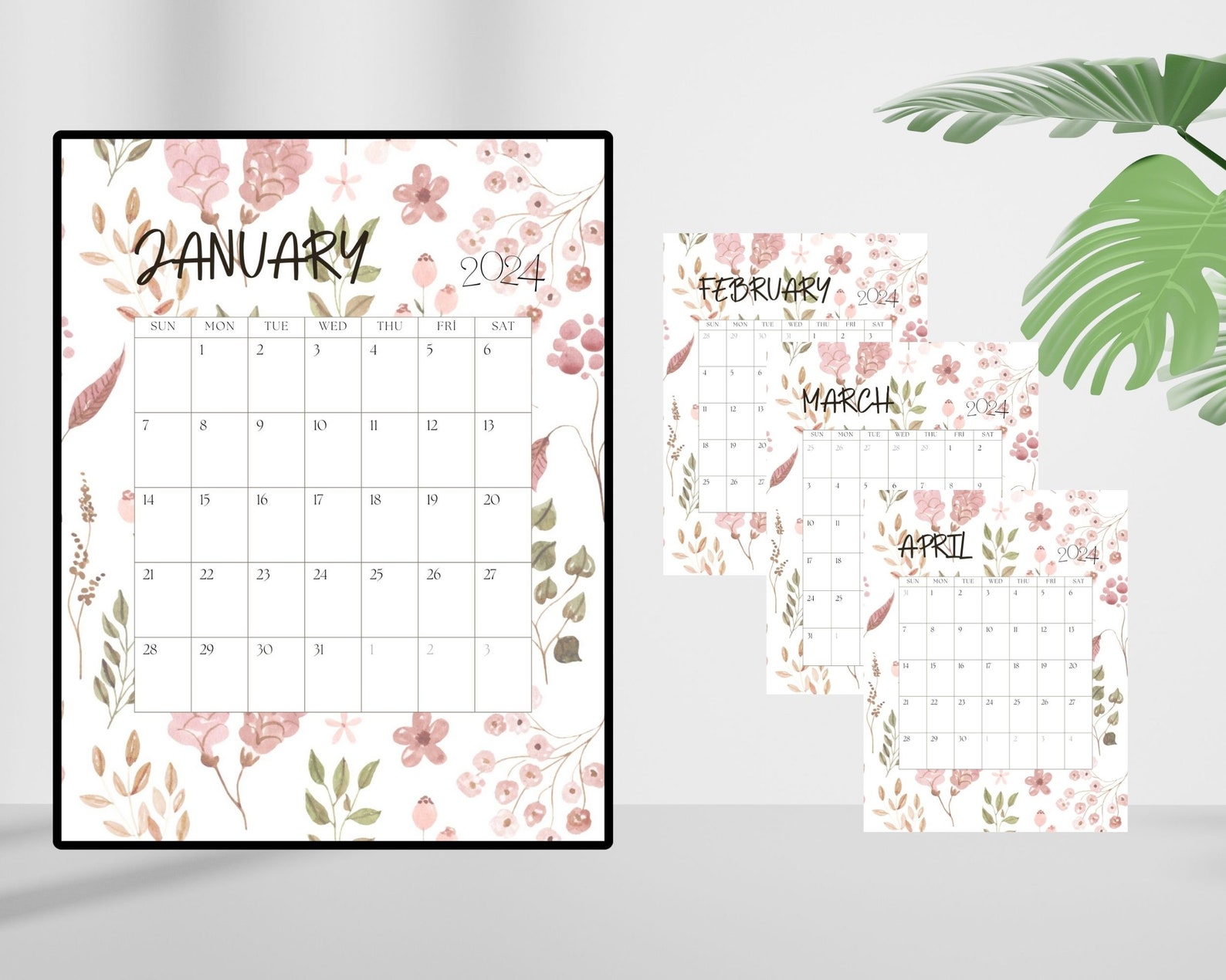 Watercolor Floral Minimalist 2024 Calendar, Printable Monthly Calendar ...