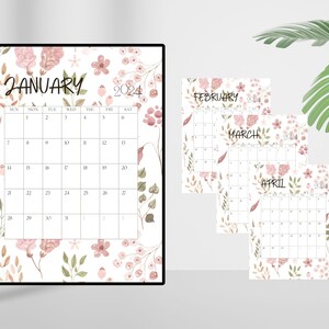 Watercolor Floral Minimalist 2024 Calendar, Printable Monthly Calendar ...