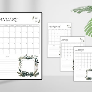 Floral Minimalist 2024 Calendar, Printable Monthly Calendar 2024, A4 ...