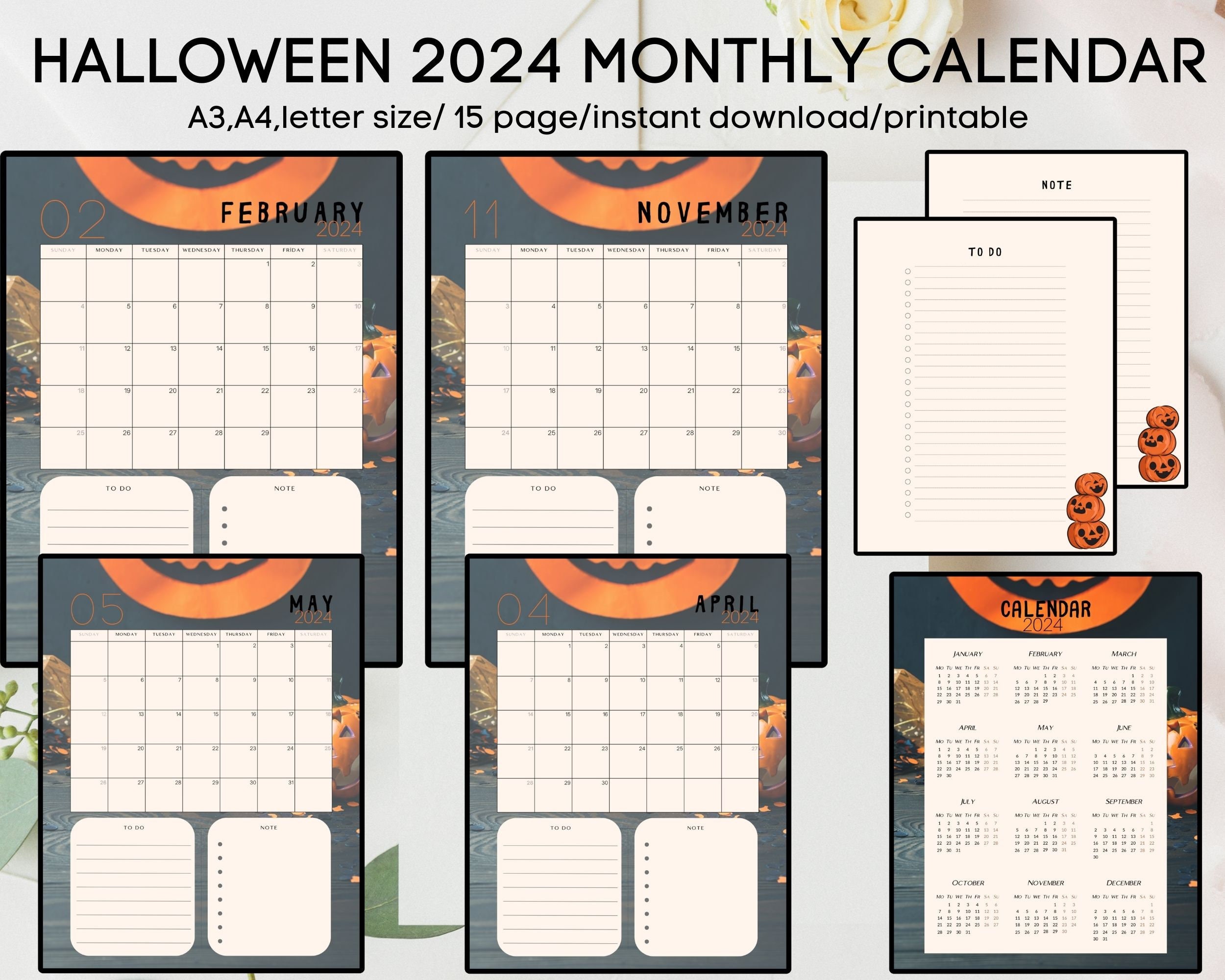 Halloween 2024 Calendar, Printable Watercolor Monthly Calendar 2024, A4 ...
