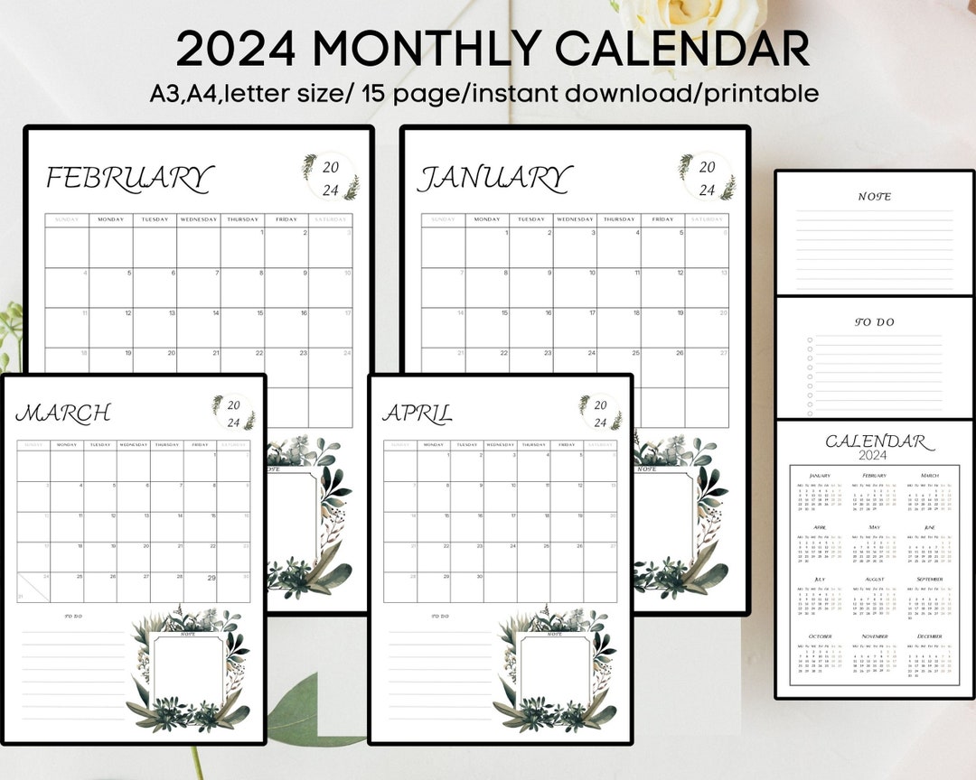 Floral Minimalist 2024 Calendar, Printable Monthly Calendar 2024, A4 ...