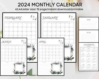 Minimalist 2024 Calendar, Printable Monthly Calendar 2024, A4, A3 ...