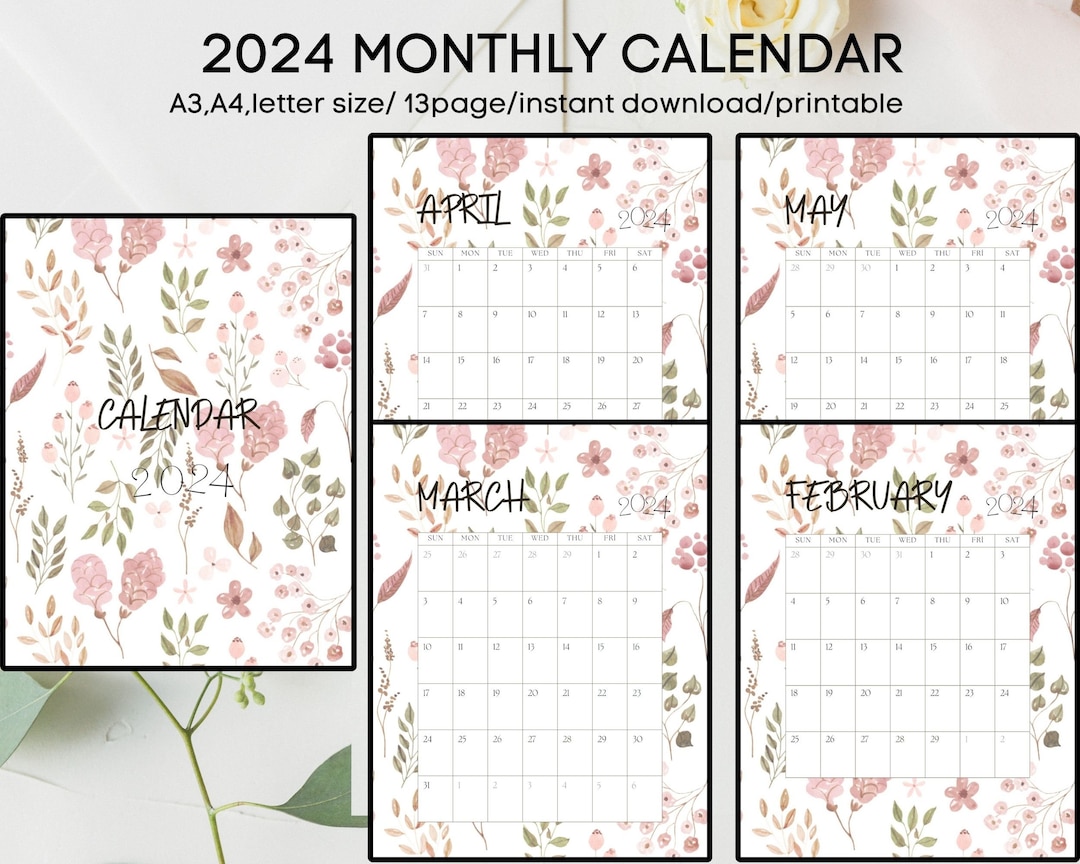 Watercolor Floral Minimalist 2024 Calendar, Printable Monthly Calendar ...
