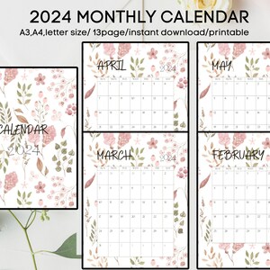 Watercolor Floral Minimalist 2024 Calendar, Printable Monthly Calendar ...