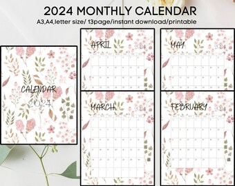 Minimalist 2024 Calendar, Printable Monthly Calendar 2024, A4, A3 ...