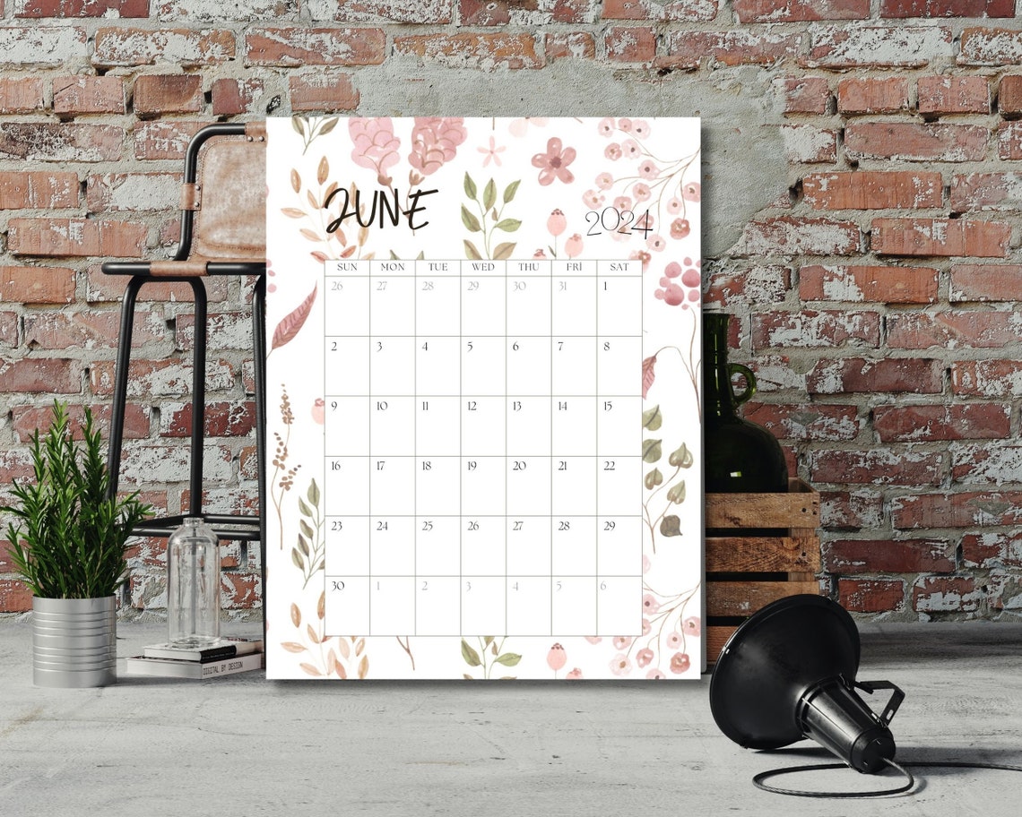 Watercolor Floral Minimalist 2024 Calendar, Printable Monthly Calendar ...