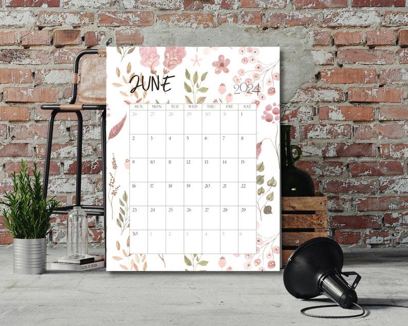 Watercolor Floral Minimalist 2024 Calendar, Printable Monthly Calendar ...