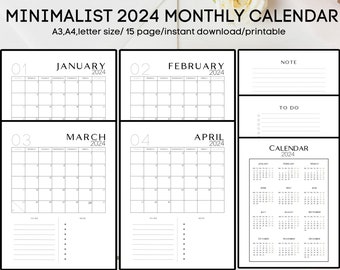 Floral Minimalist 2024 Calendar, Printable Monthly Calendar 2024, A4 ...