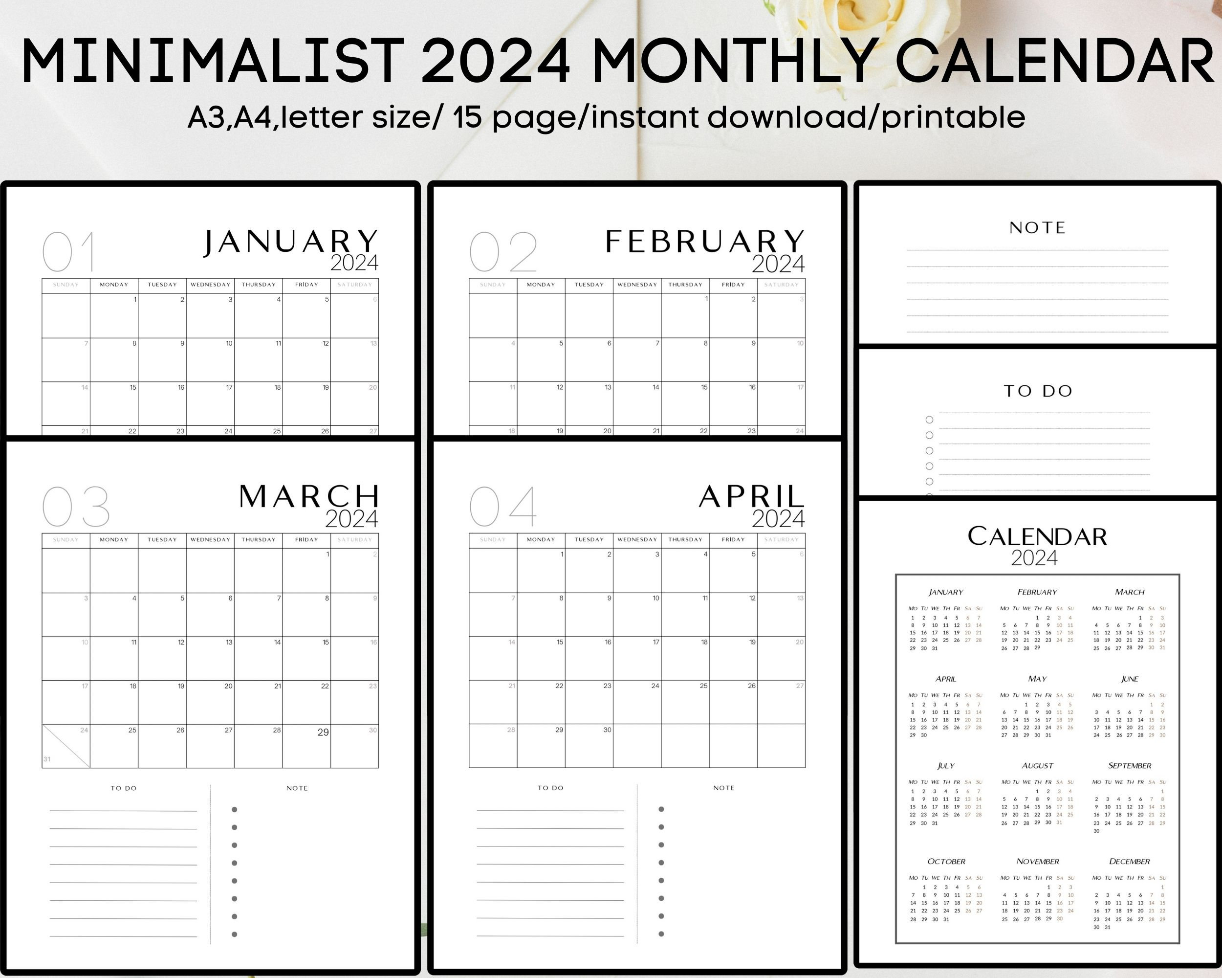 Minimalist 2024 Calendar, Printable Monthly Calendar 2024, A4, A3 ...