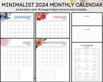 Minimalist 2024 Calendar, Printable Monthly Calendar 2024, A4, A3 ...