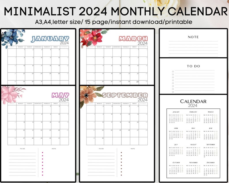 Watercolor Floral Minimalist 2024 Calendar Printable Monthly - Etsy