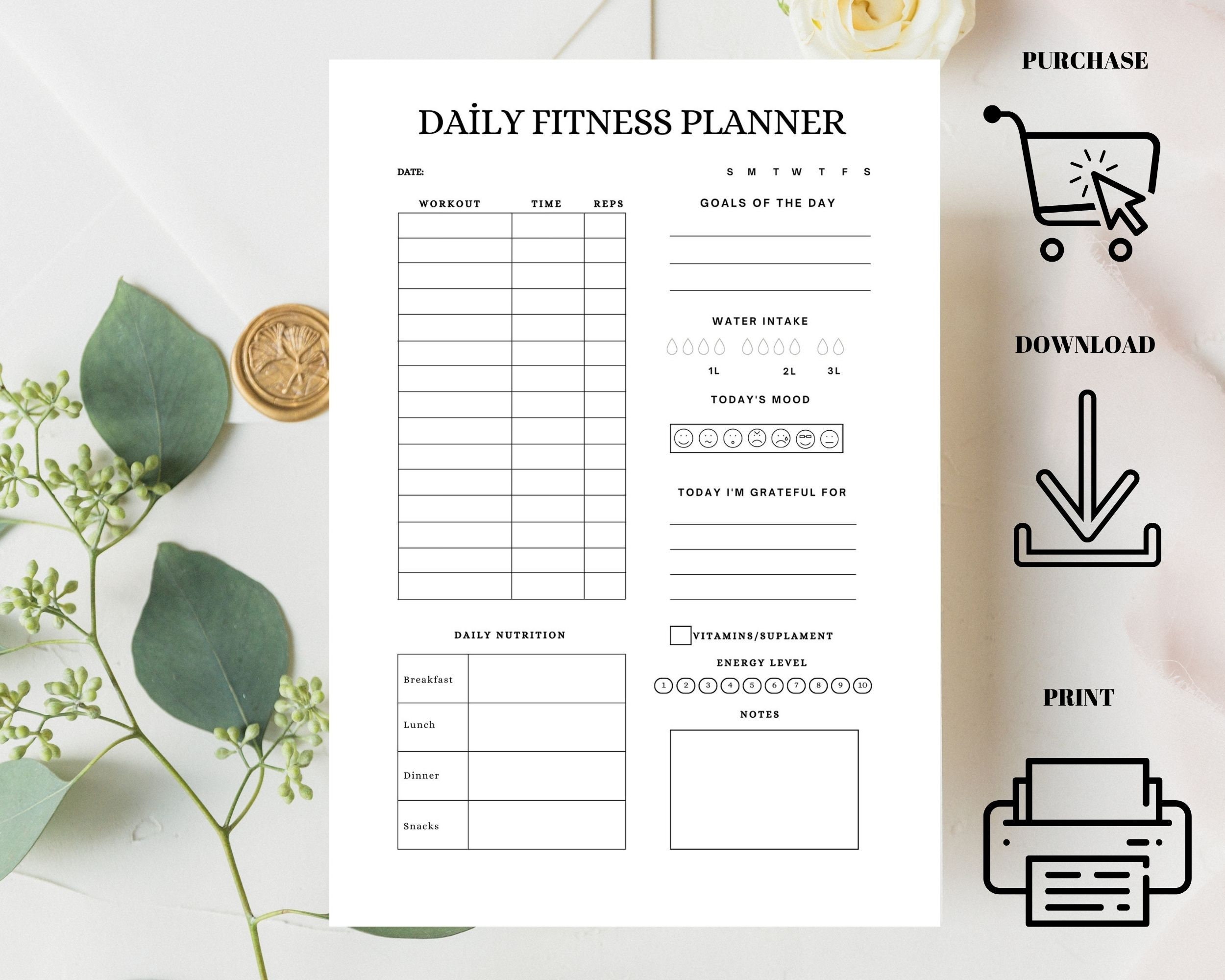 Daily Fitness Planner, Energy Level, Vitamin Intake, Diet Planner ...