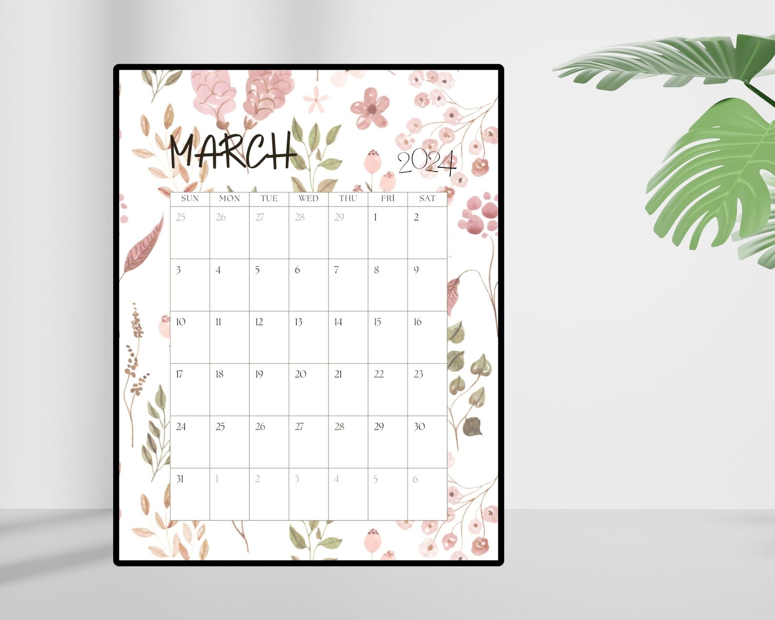 Watercolor Floral Minimalist 2024 Calendar, Printable Monthly Calendar ...