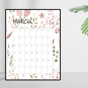Watercolor Floral Minimalist 2024 Calendar, Printable Monthly Calendar ...