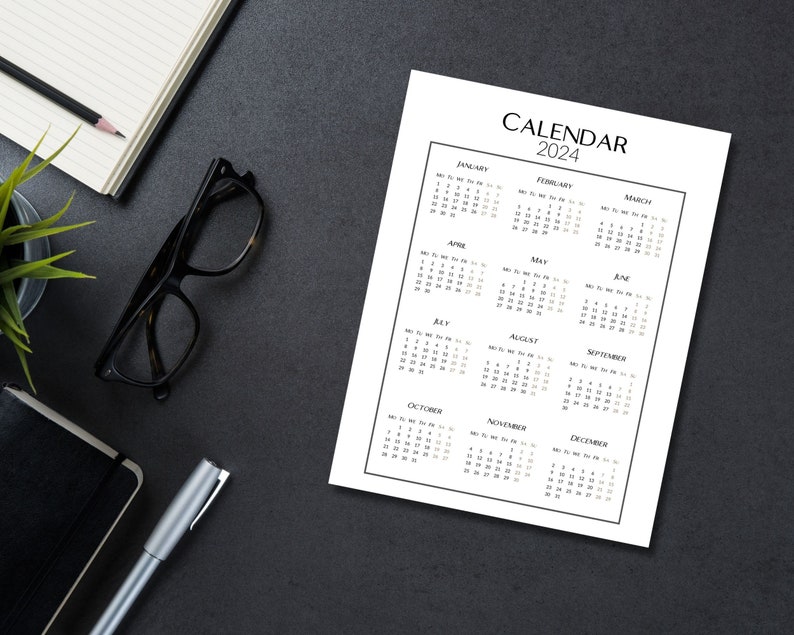 Minimalist 2024 Calendar, Printable Monthly Calendar 2024, A4, A3 ...