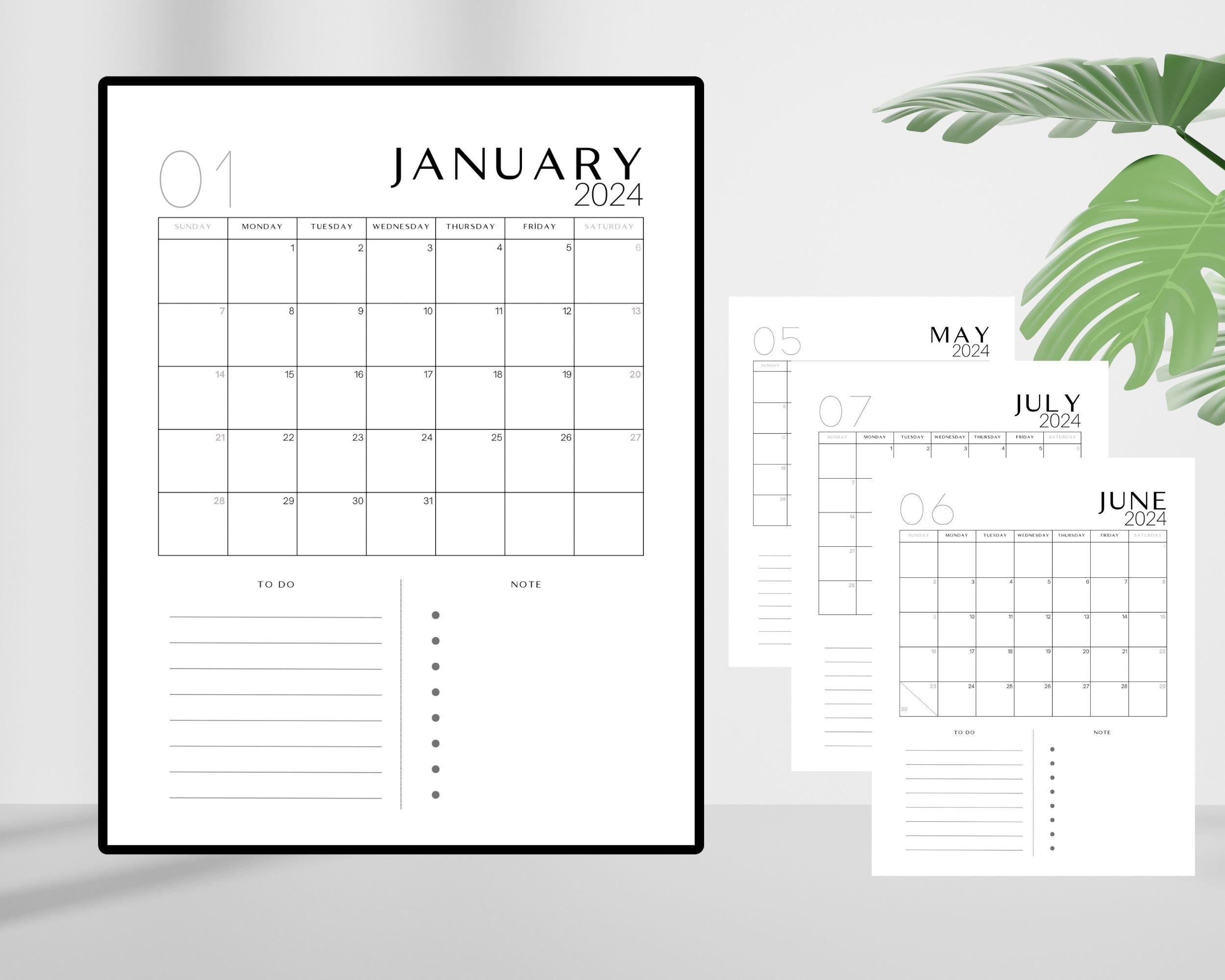 Minimalist 2024 Calendar, Printable Monthly Calendar 2024, A4, A3 ...