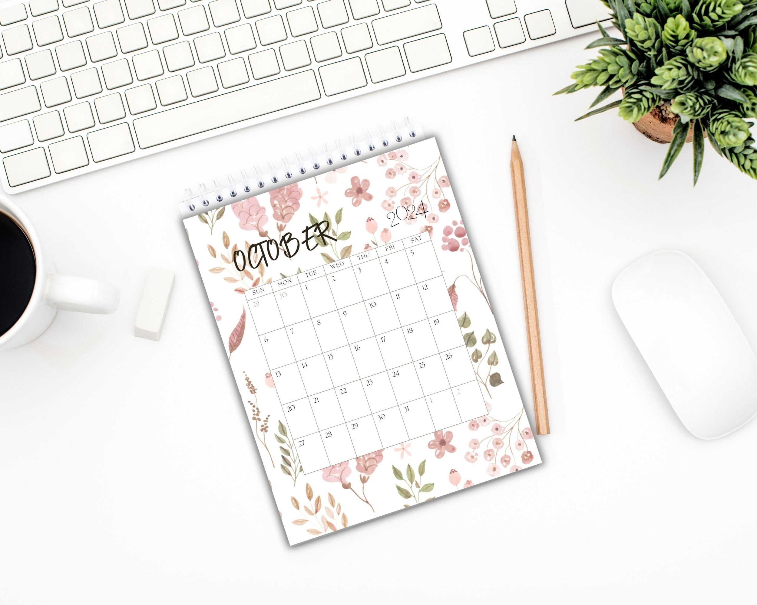 Watercolor Floral Minimalist 2024 Calendar, Printable Monthly Calendar ...