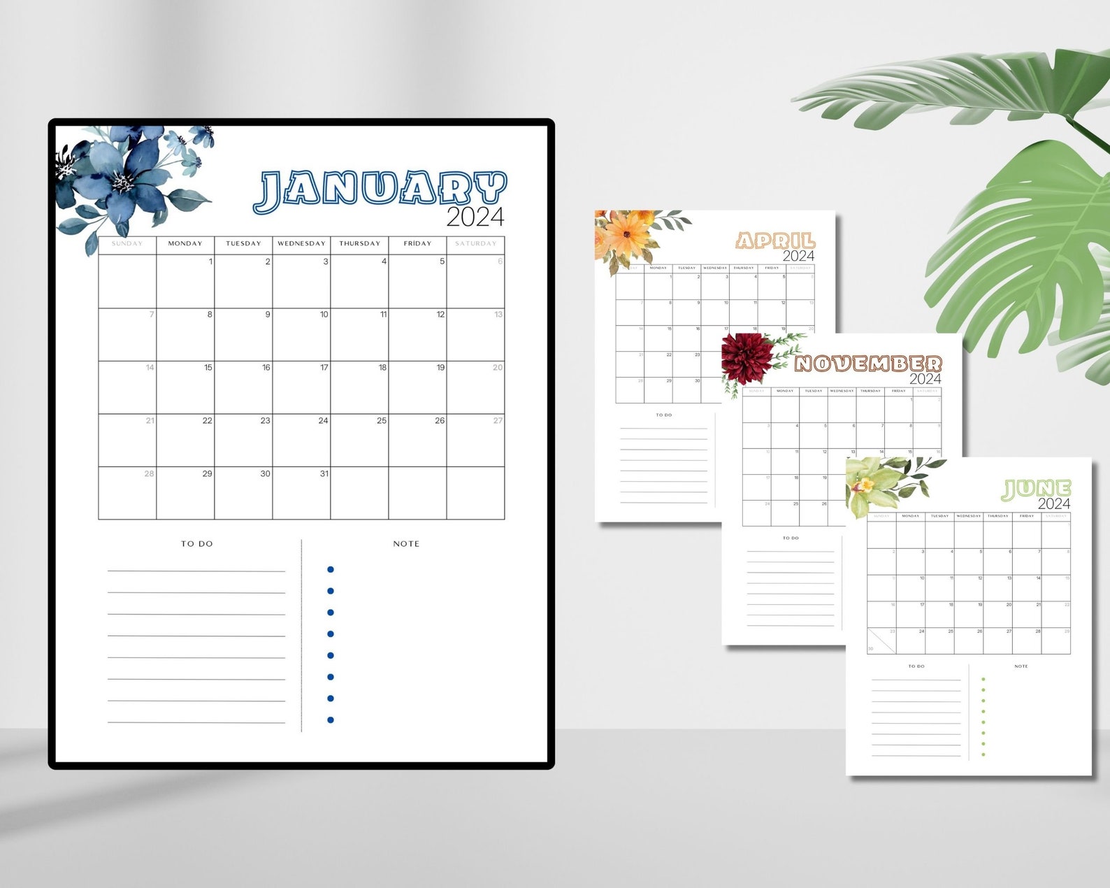 Watercolor Floral Minimalist 2024 Calendar Printable Monthly - Etsy