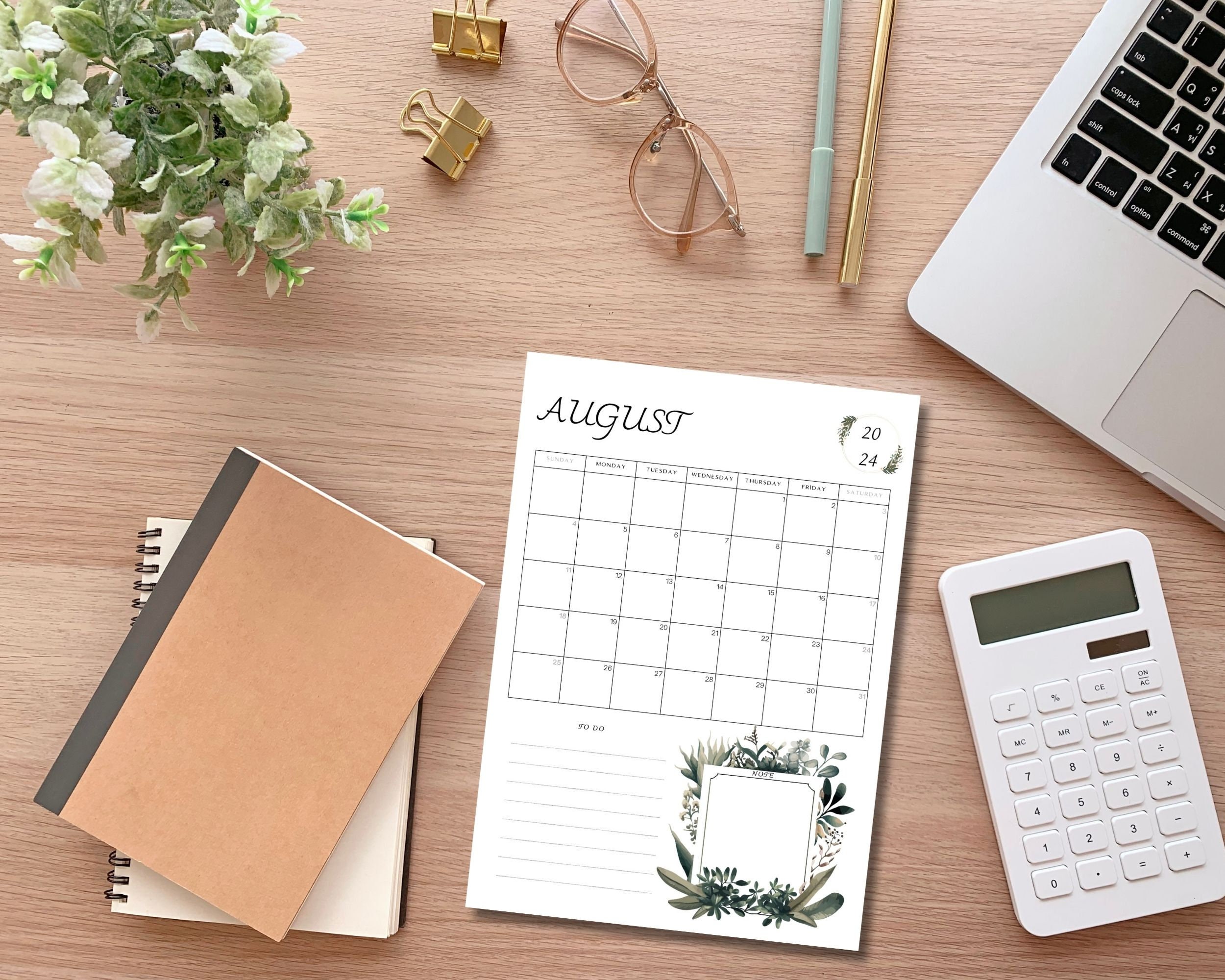 Floral Minimalist 2024 Calendar, Printable Monthly Calendar 2024, A4 ...