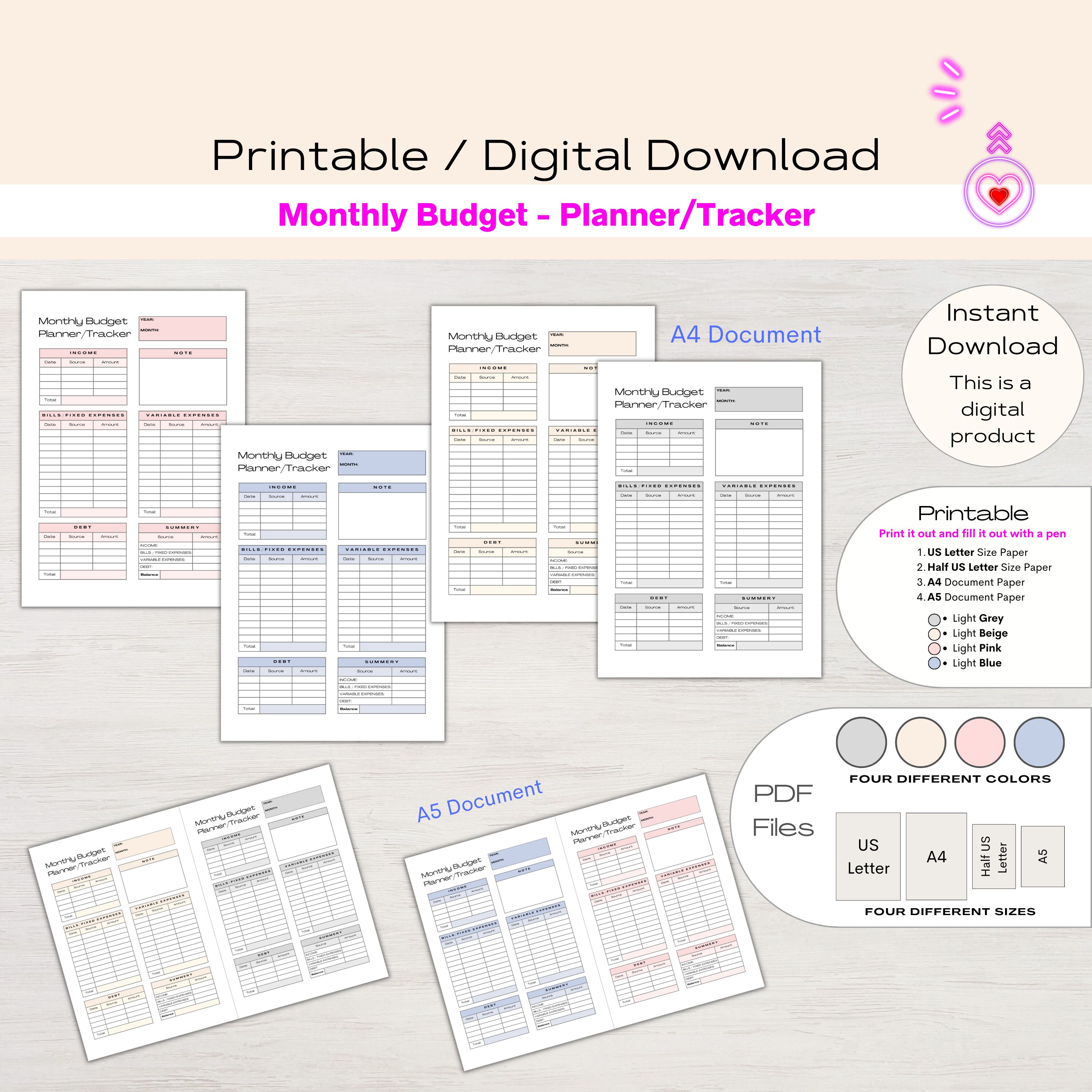 Printable Monthly Budget Planner Tracker, Instant Download Monthly ...
