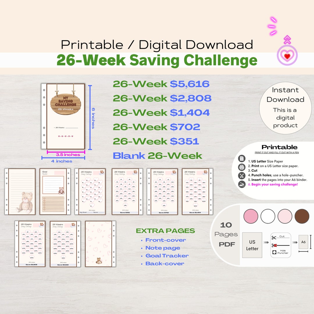 26 Week Savings Challenge Printable US Letter Size Digital - Etsy