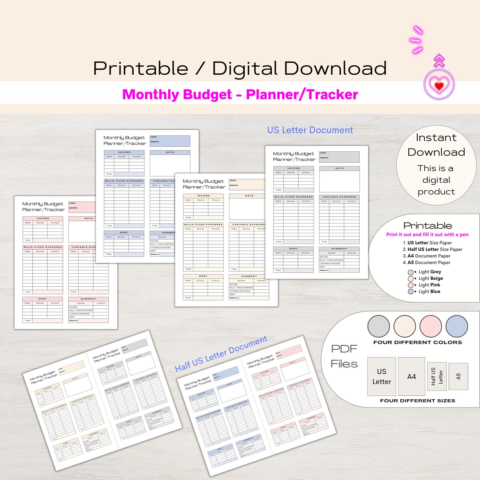 Printable Monthly Budget Planner Tracker, Instant Download Monthly ...