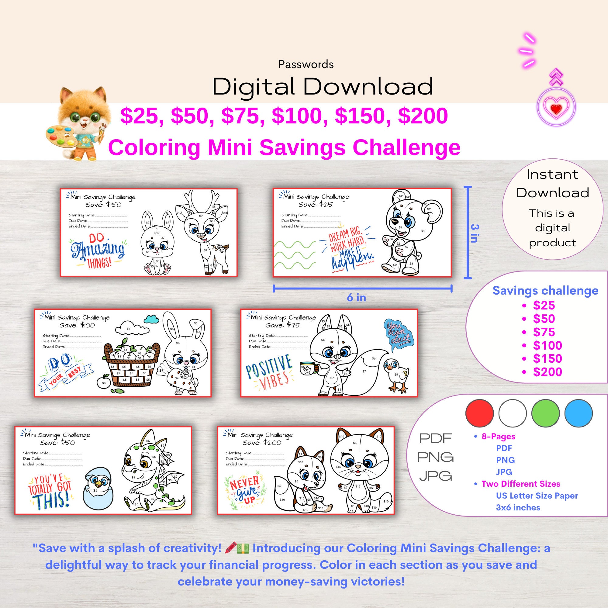 Mini Low Income Savings Challenge Printable Coloring Pages Bundle ...