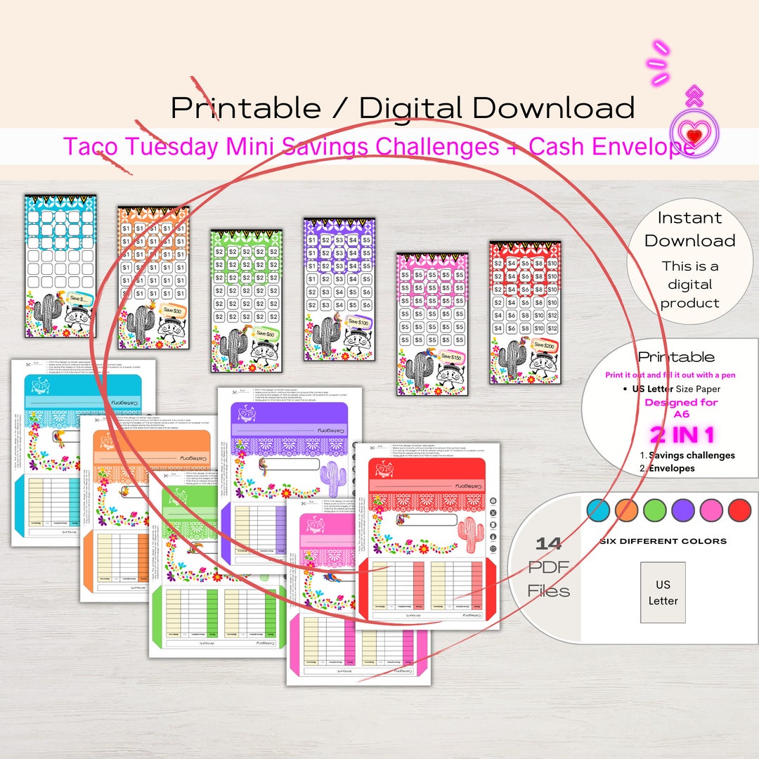Mini Savings Challenges Taco Tuesday Printable Pdf A6 Trio Saving ...