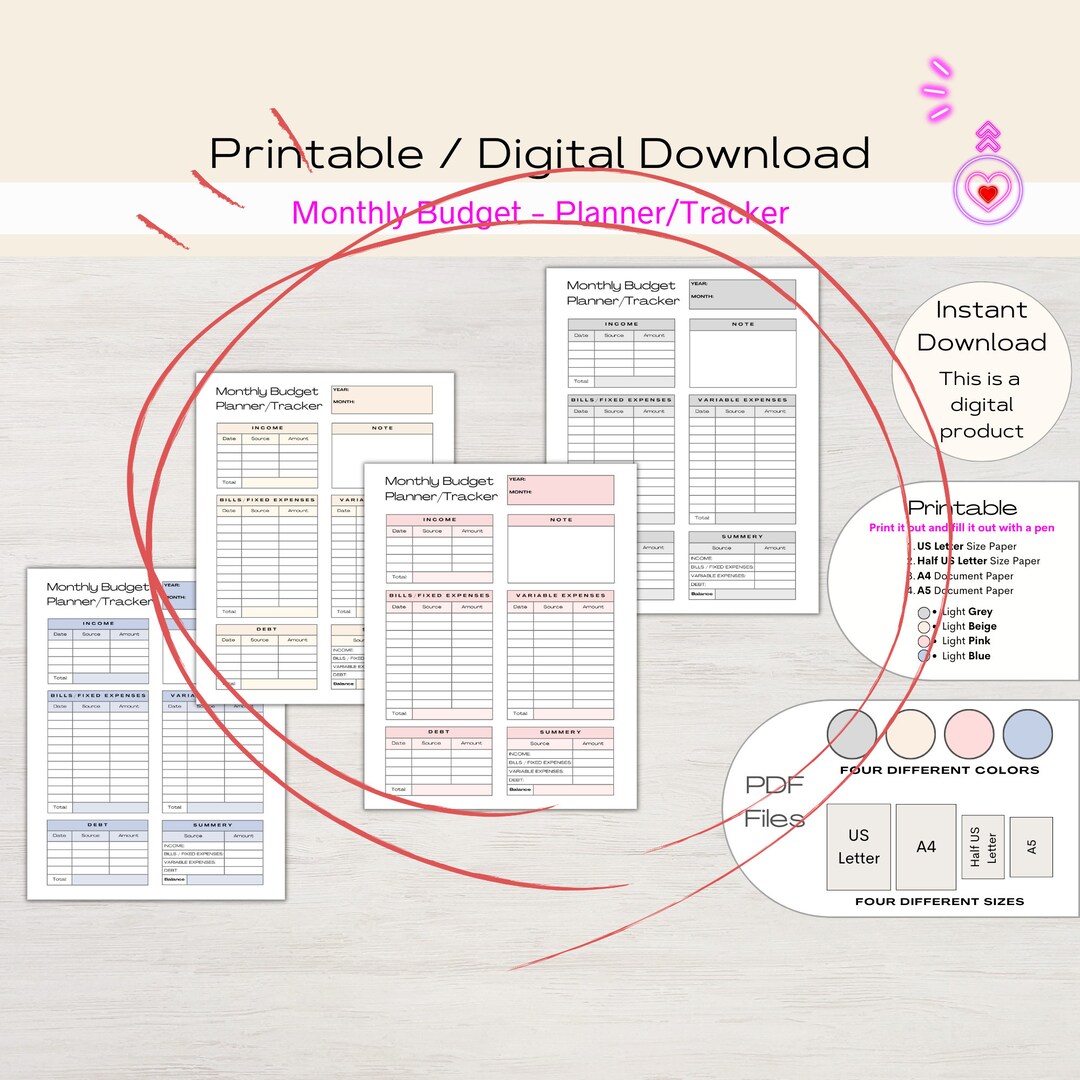 Printable Monthly Budget Planner Tracker, Instant Download Monthly ...