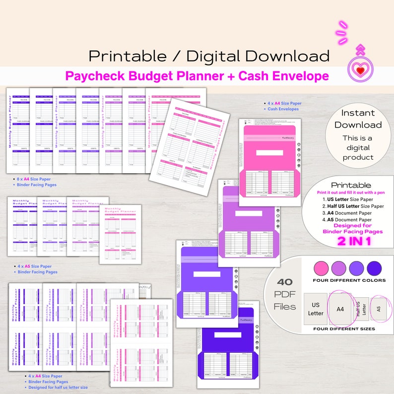 Monthly Budget Planner Pink Budget Planner Printable - PDF Bi Weekly ...