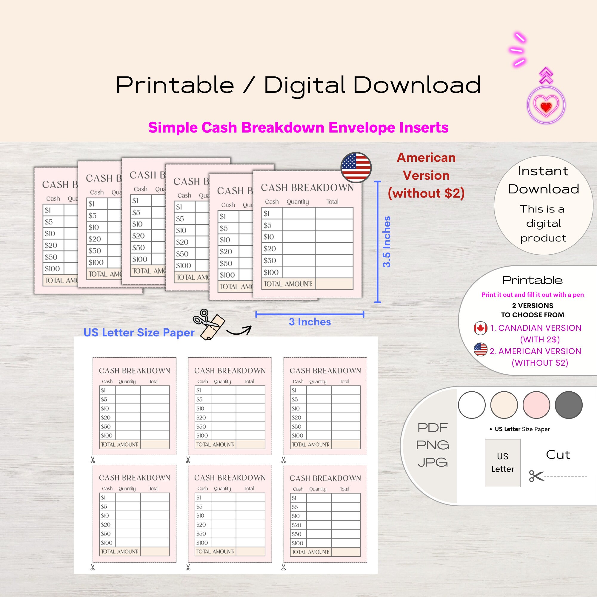 Printable American Canadian Cash Breakdown Slips Teller Slips Cash ...
