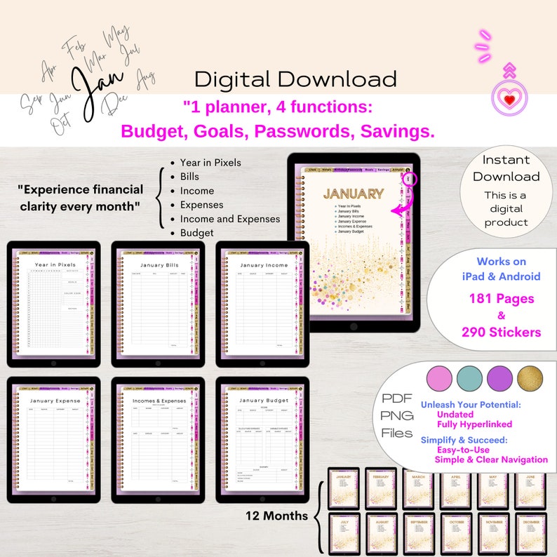 Pink Undated Budget Planner Digital Budget Planner Budget Planner iPad ...