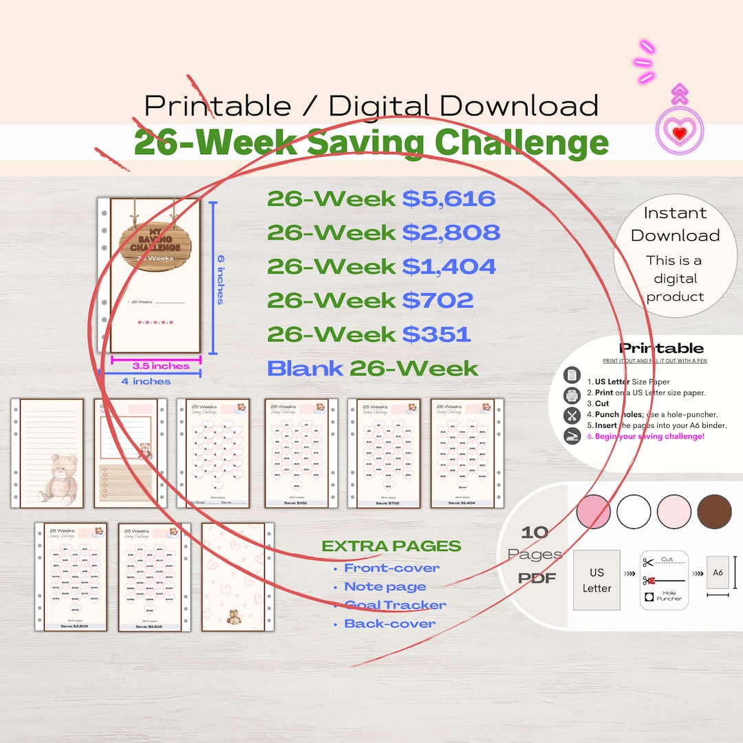 26 Week Savings Challenge Printable | US Letter Size Digital Download ...