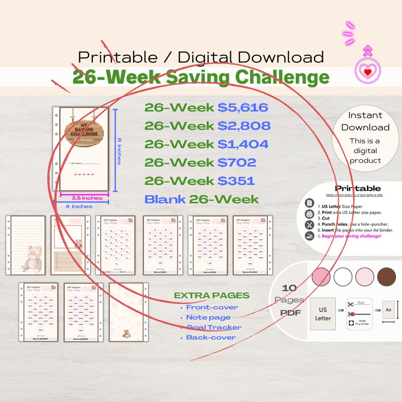 26 Week Savings Challenge Printable | US Letter Size Digital Download ...