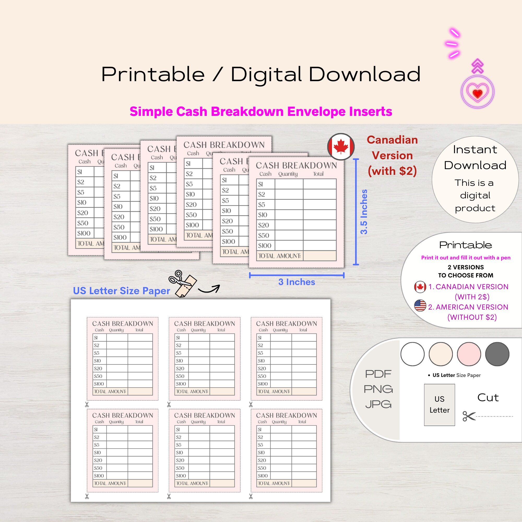 Printable American Canadian Cash Breakdown Slips Teller Slips Cash ...