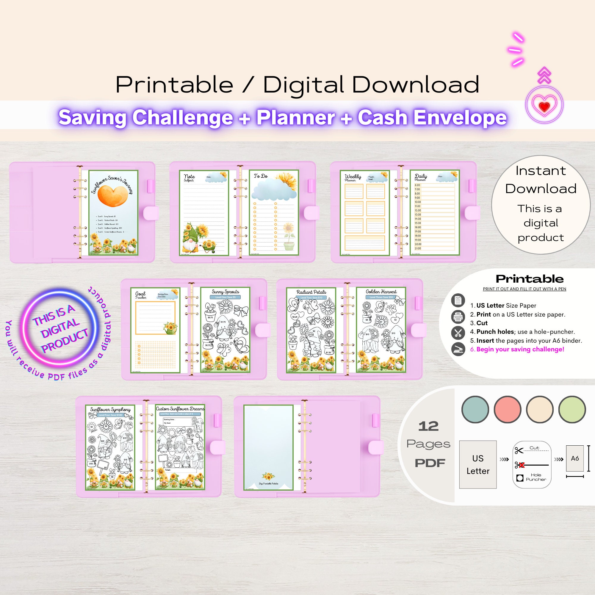 Monthly Savings Challenge Trackers and Cash Envelopes A6 Mini Savings ...