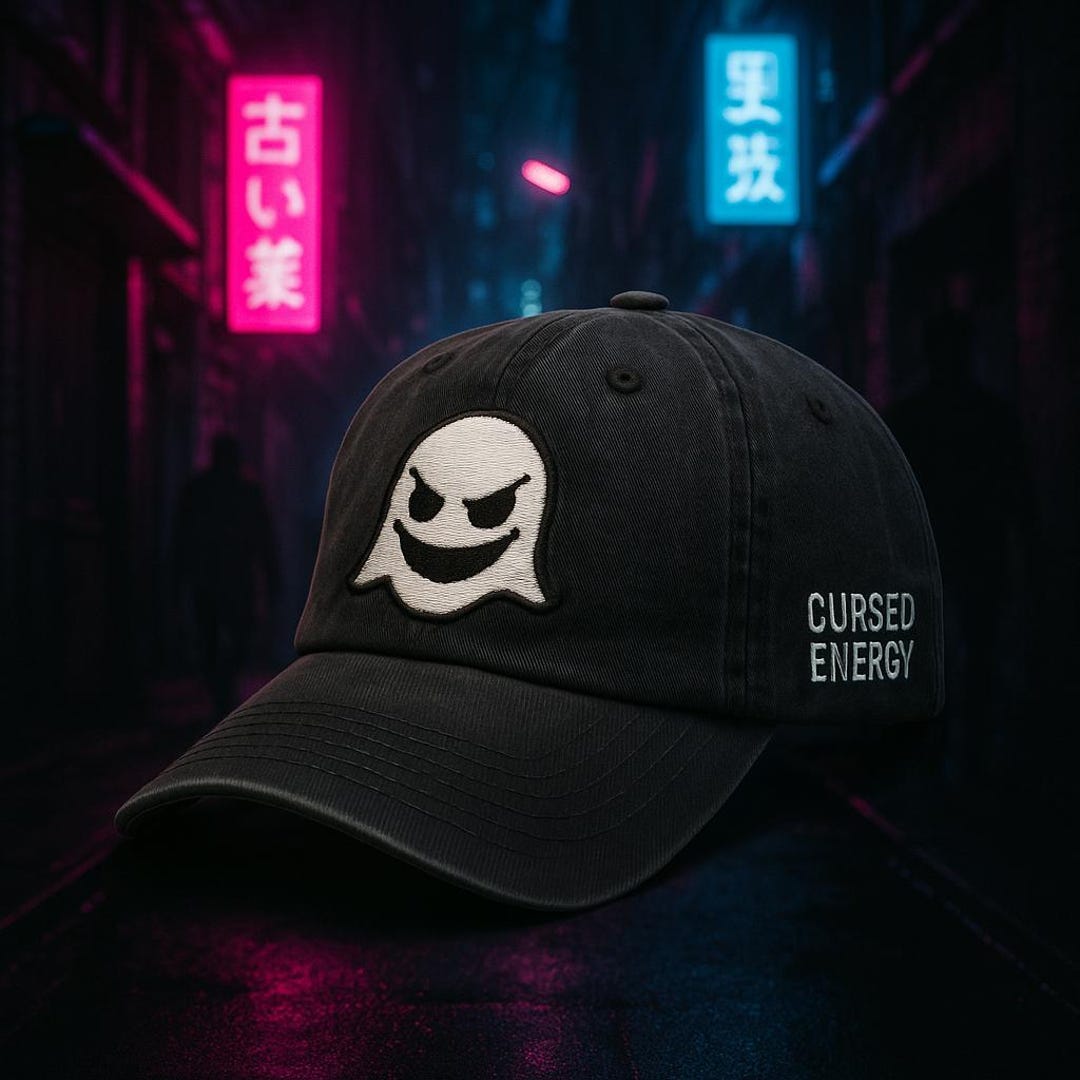 Cursed Energy Ghost Hat – Washed Black Embroidered Anime Cap – Evil ...