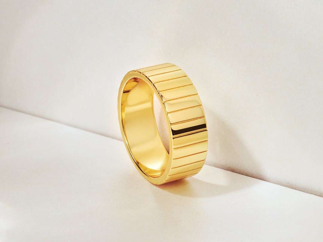 Wide Ribbed 18K Gold Vermeil Ring • Chunky Stackable Cigar Band ...