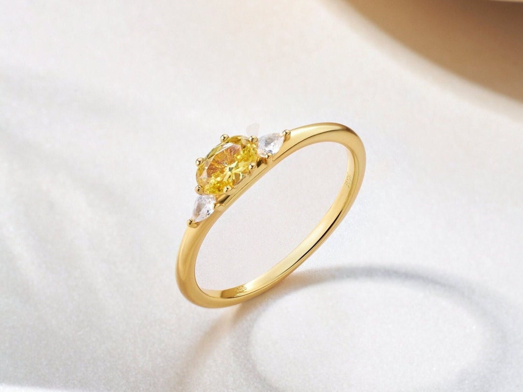 18K Gold Three Stone Oval Ring • Dainty Stackable Diamond Band • Canary ...