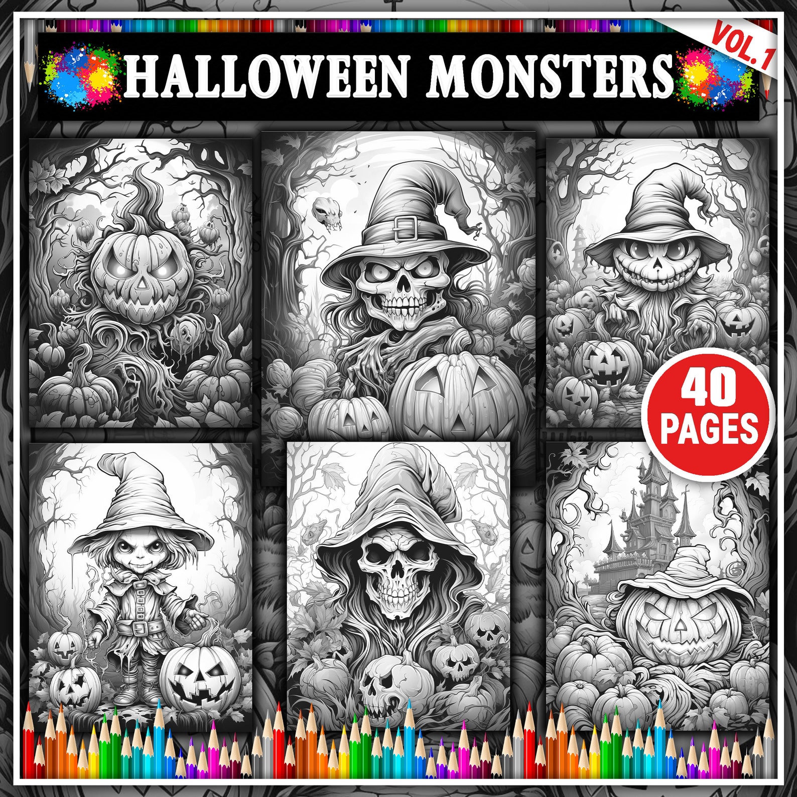 Halloween Monster Coloring Pages. Grayscale Halloween Coloring - Etsy