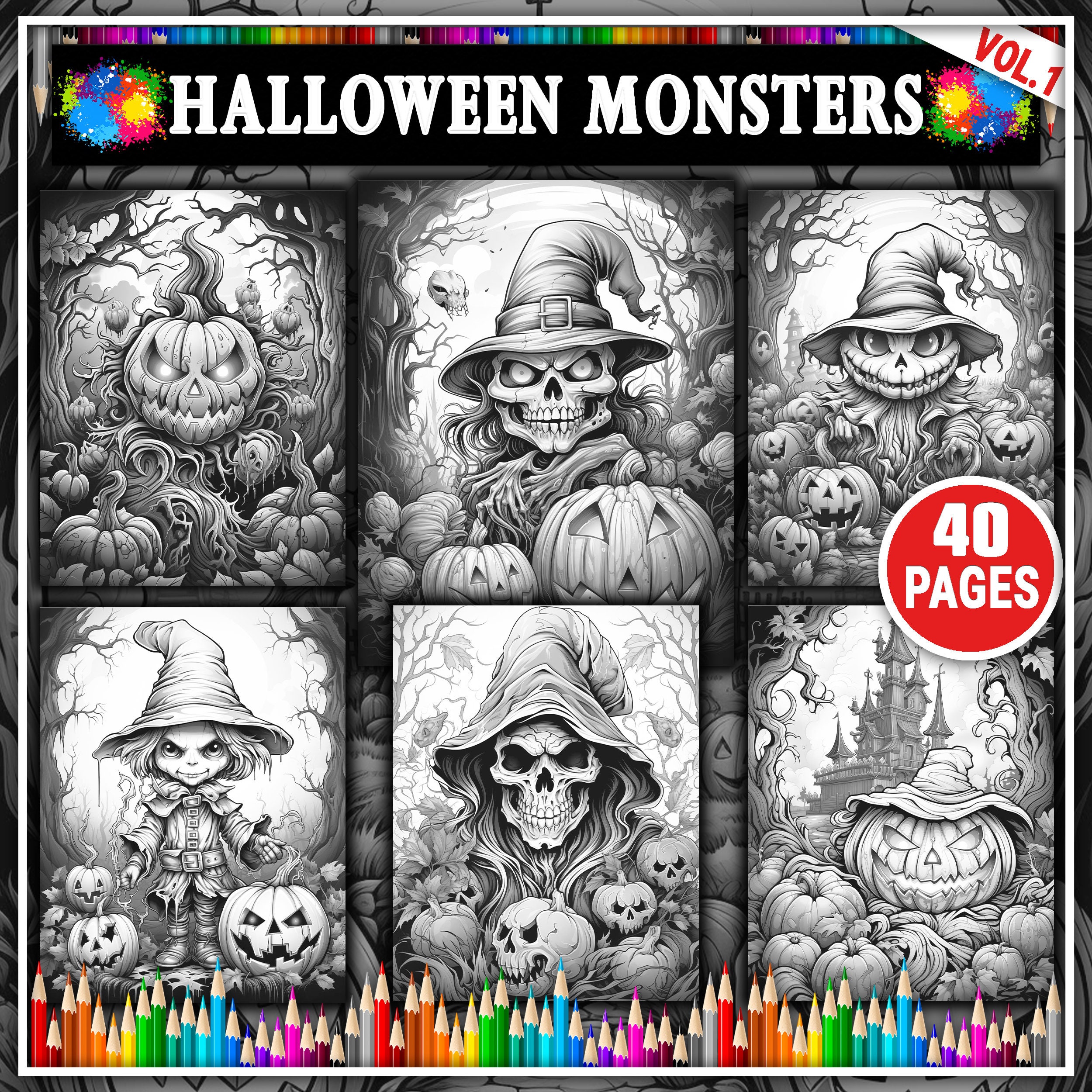 Halloween Monster Coloring Pages. Grayscale Halloween Coloring - Etsy