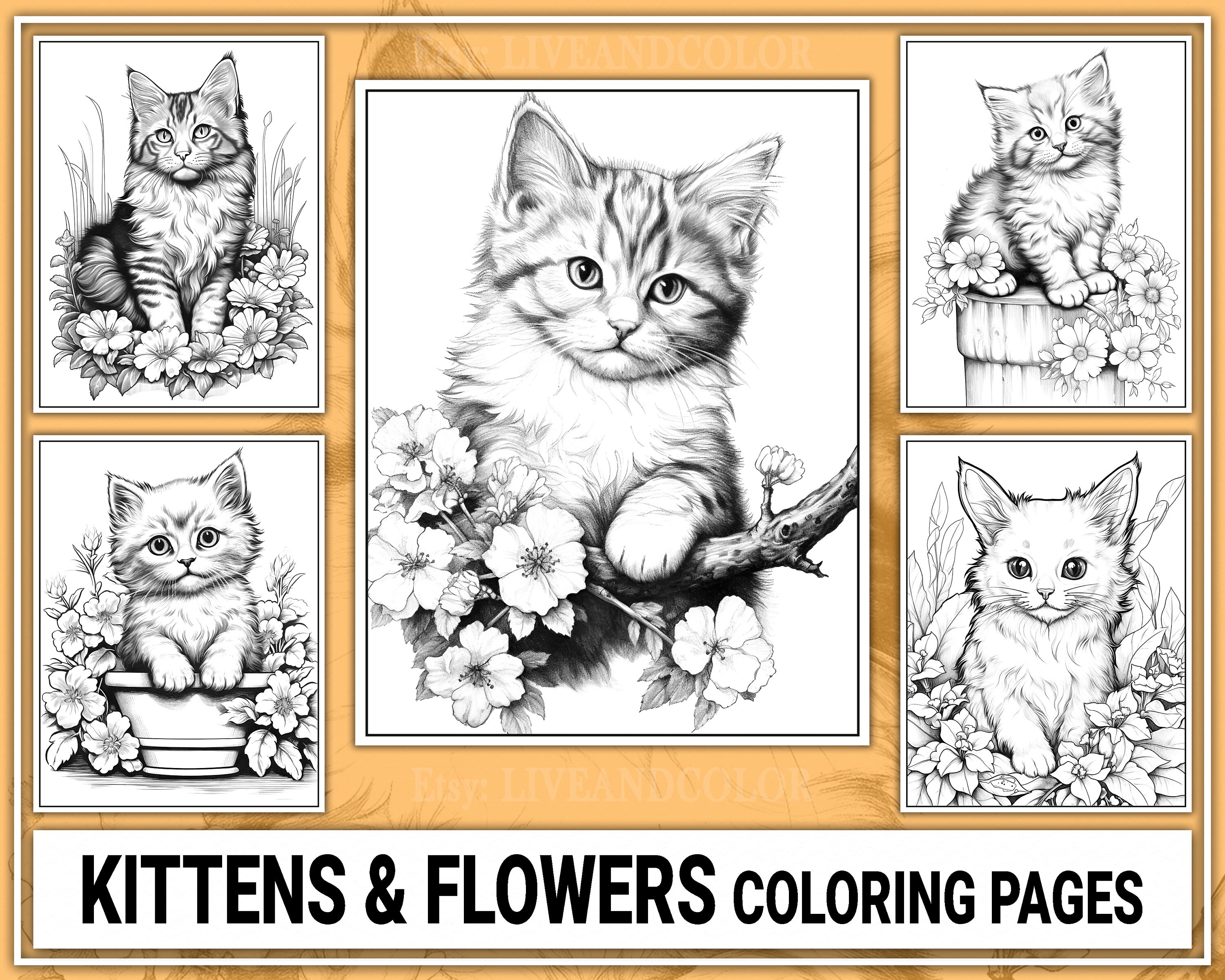 40 Cute Kittens & Flowers Coloring Book Vol.1 Coloring Pages - Etsy