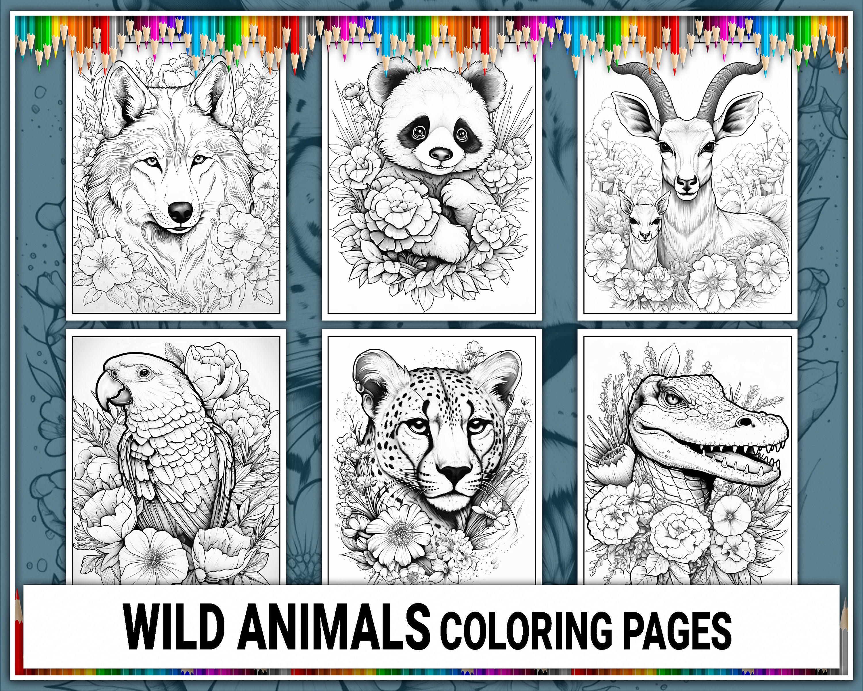 50 Wild Animals & Flowers Coloring Pages. Wild Animals Coloring Book ...