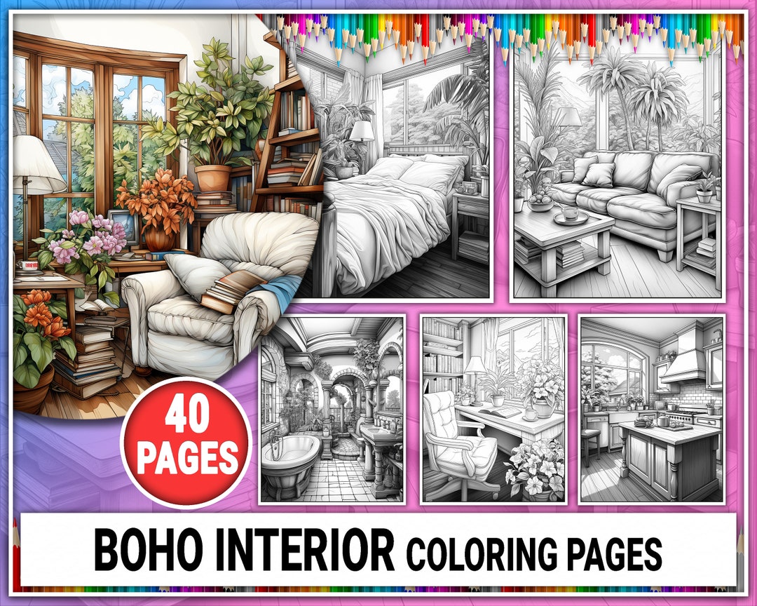 40 Boho Interior Design Coloring Pages. Cozy Room Interior Coloring ...