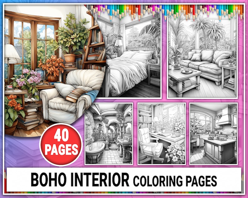 40 Boho Interior Design Coloring Pages. Cozy Room Interior Coloring ...