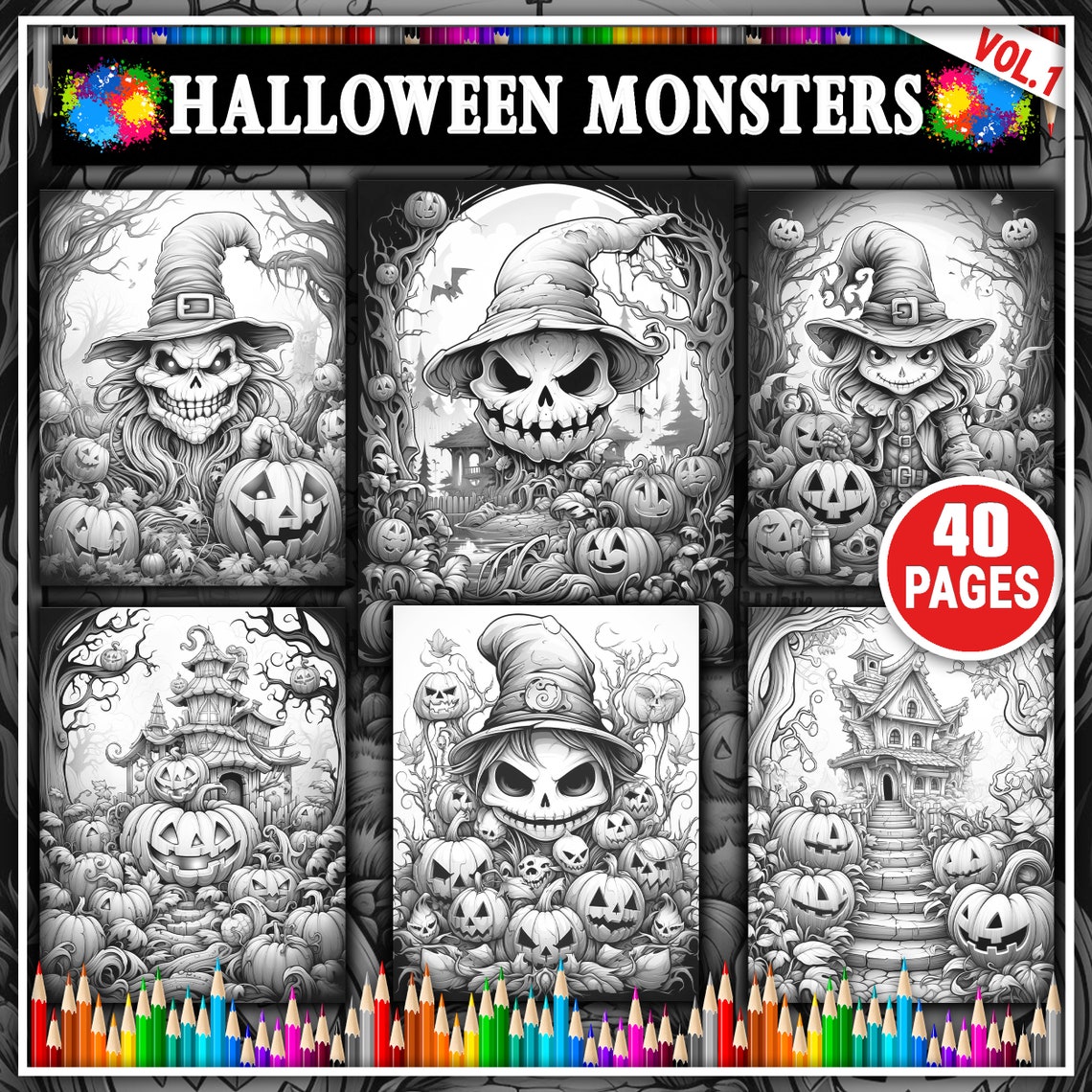 Halloween Monster Coloring Pages. Grayscale Halloween Coloring - Etsy