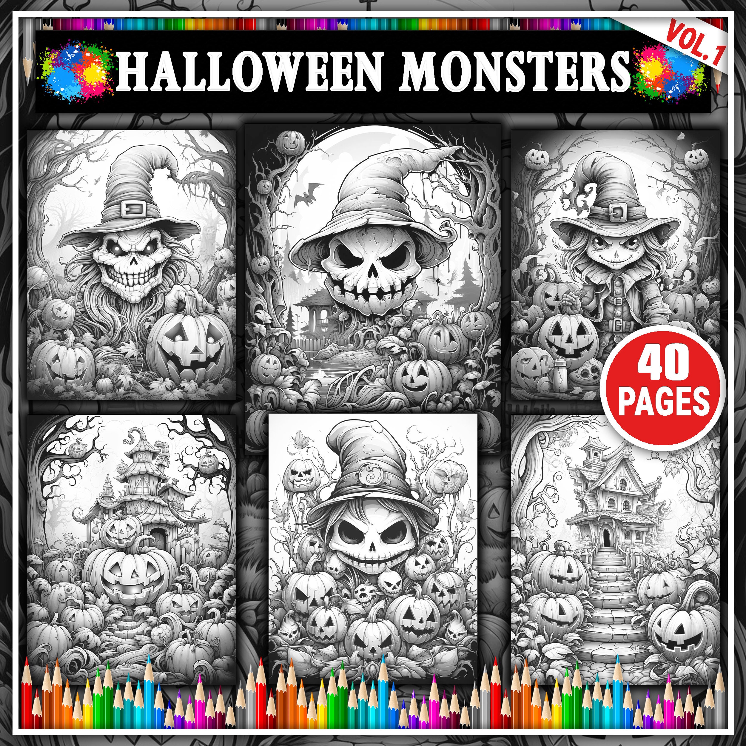 Halloween Monster Coloring Pages. Grayscale Halloween Coloring Sheets ...