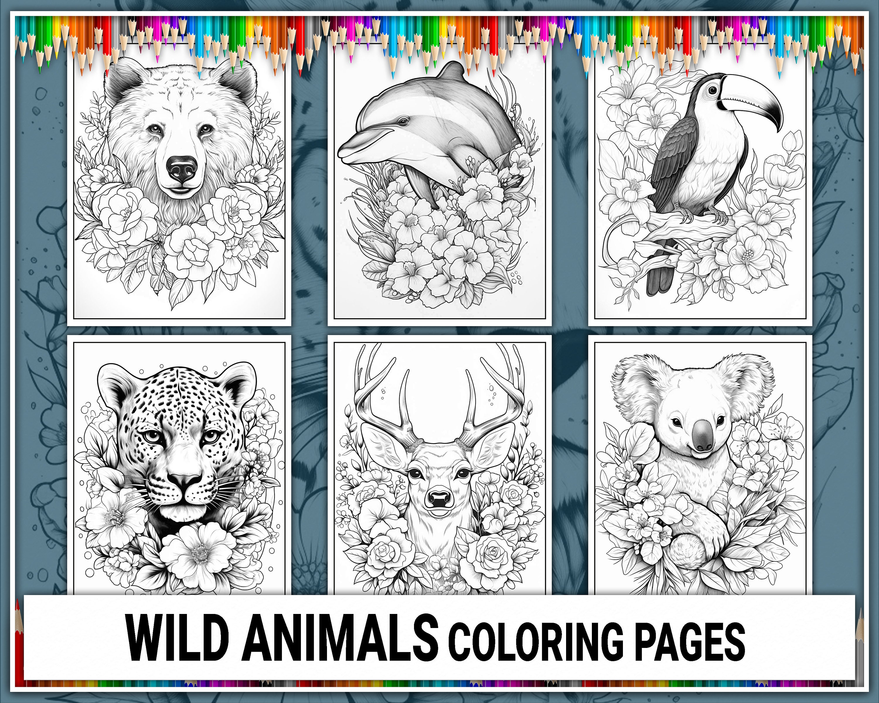 50 Wild Animals & Flowers Coloring Pages. Wild Animals Coloring Book ...